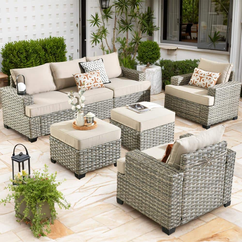 XIZZI Taylor 7-Piece Wicker Outdoor Patio Conversation Seating Set with ...