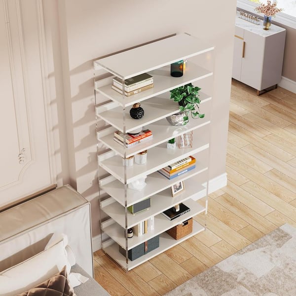 Eulas 63 in. Tall White Transparent Engineered Wood 8 Shelf Modern Etagere Bookcase Acrylic Bookshelf Display Storage