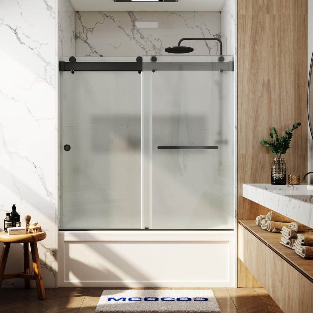 MCOCOD 56-60.75 in. W x 66 in. H Double Sliding Frameless Soft Close Tub Door in Matte Black ...