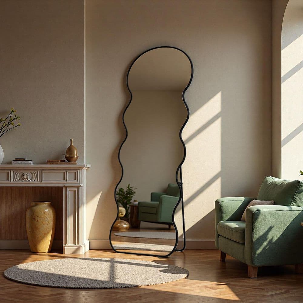 Spigel Black 28 in. W x 71 in. H Wavy Metal Framed Full Length Mirror ...