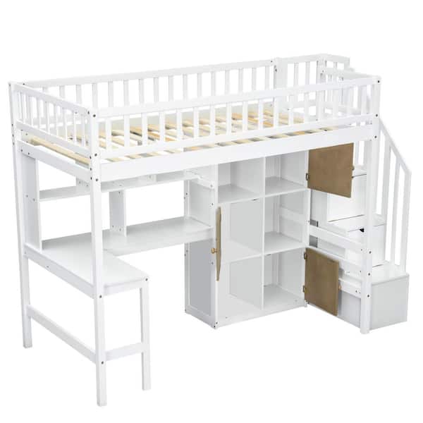 Nestfair White Twin Size Wood Loft Bed with Built-in Desk, LED, Storage Shelves, Cabinets and ...