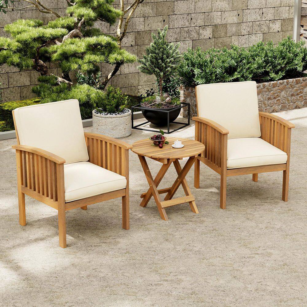 3-Pack Acacia Wood Outdoor Lounge Chair Chat Sets with Cream Cushion ...