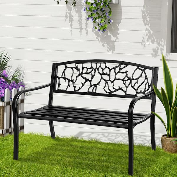 Dovelina 50 in. Metal Outdoor Garden Bench Patio Garden Bench in Black ...