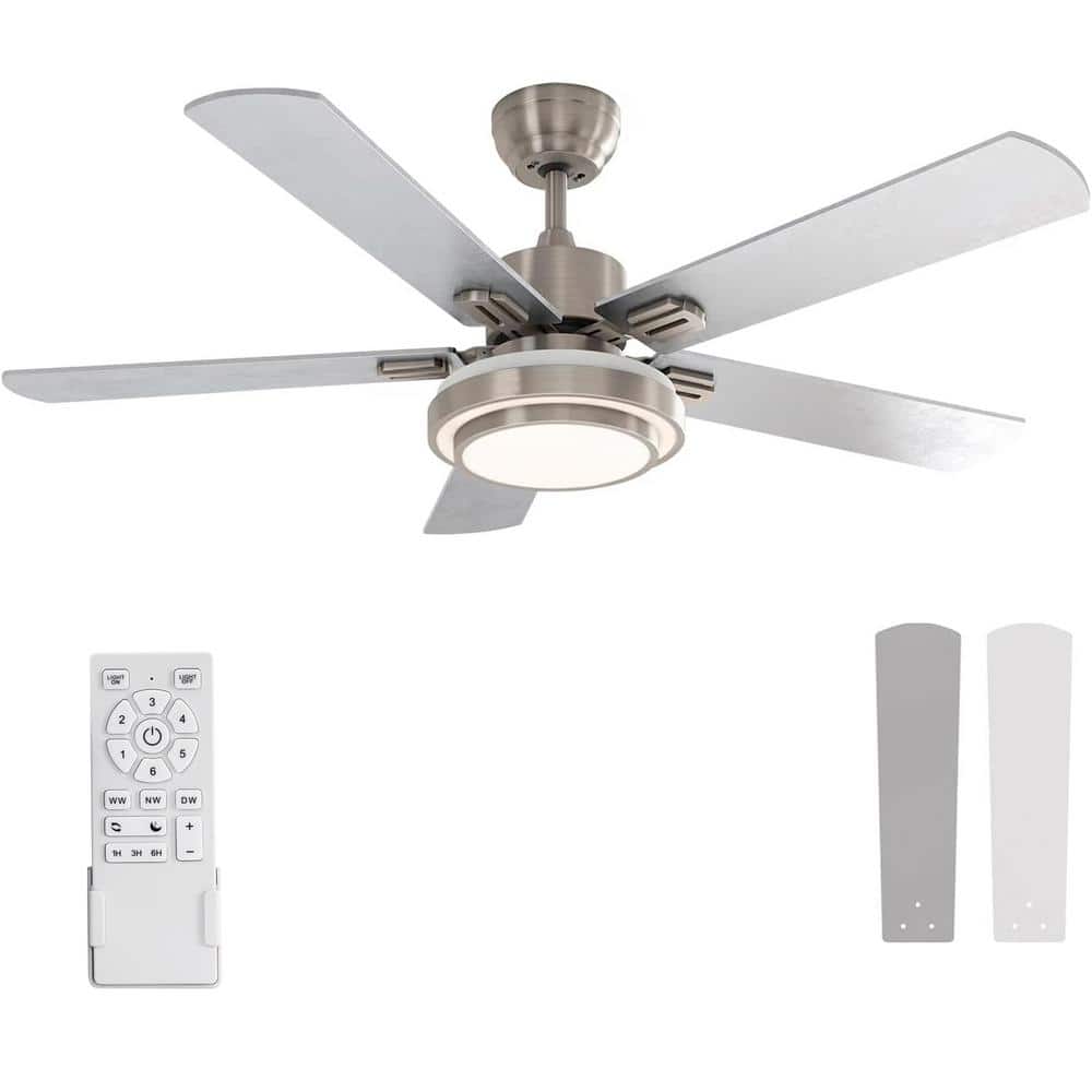 FINXIN 52 in. Indoor Integrated LED Ceiling Fan 5-Blades Brushed Nickel ...