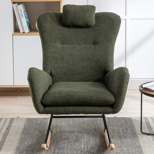 Clihome 35.5 in. Dark Green Rocking Chair with Pocket, Soft Teddy ...