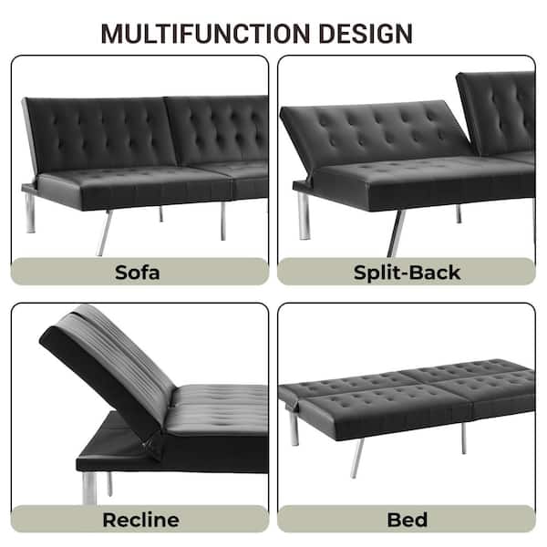 HOMESTOCK Black Faux Leather Tufted Split Back Futon Sofa Bed Couch Bed Futon Convertible Sofa Bed with Metal Legs 98840