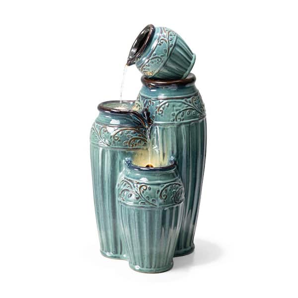 Glitzhome 27.25 in. H 4-Tier Turquoise Embossed Pattern Outdoor Ceramic ...