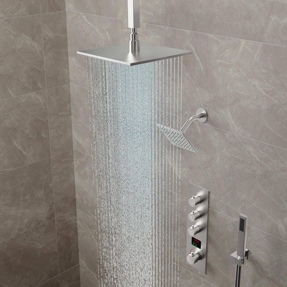 EVERSTEIN 7-Spray Patterns with 12 in. Ceiling Mounted Massage Fixed Shower Head with LED in ...