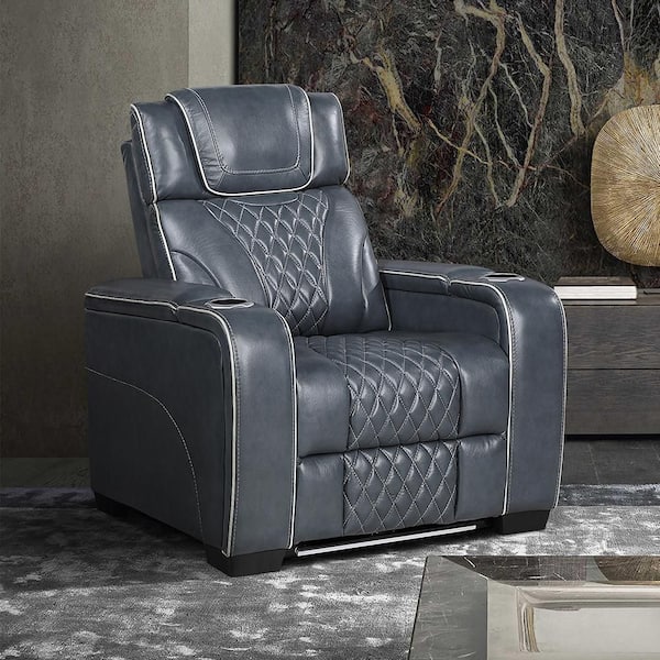 Lazzara Cassian Blue Leather Power Recliner with Power Headrest ...