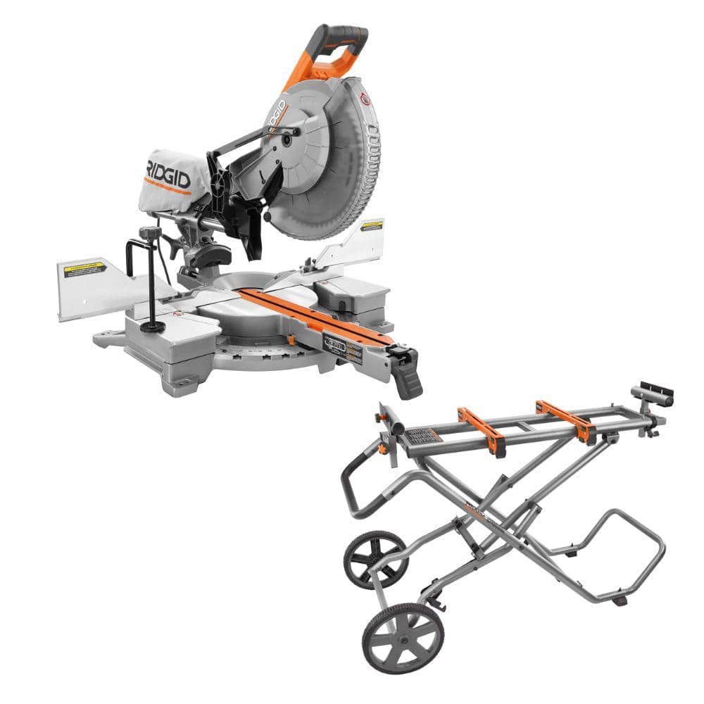 RIDGID 15 Amp 12 in. Corded Sliding Miter Saw and Universal Mobile ...