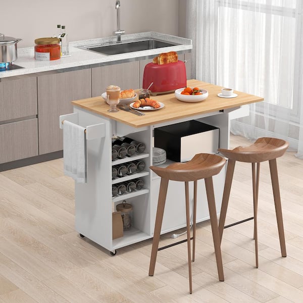 Gymax White Wood Kitchen Cart with Drop Leaf Power Outlet Microwave Shelf Wine Rack Drawer GYM14215