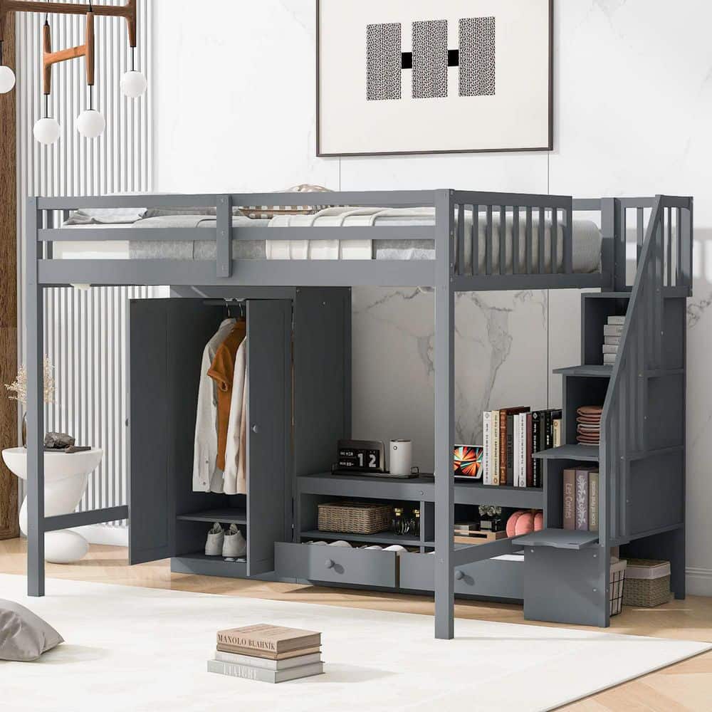 Polibi Gray Full Size Wood Loft Bed with Wardrobe, Low Storage Table and Storage Staircase RD14 ...