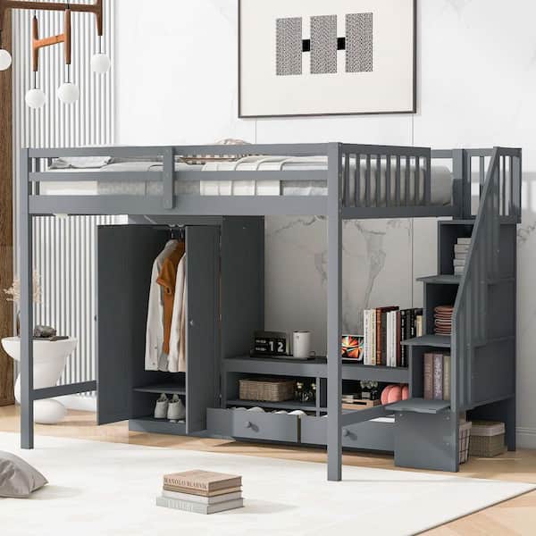 Polibi Gray Full Size Wood Loft Bed with Wardrobe, Low Storage Table and Storage Staircase RD14 ...