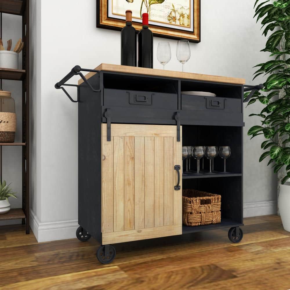 Litton Lane 34 in. Black Metal Industrial Kitchen Cart 43610 - The Home ...