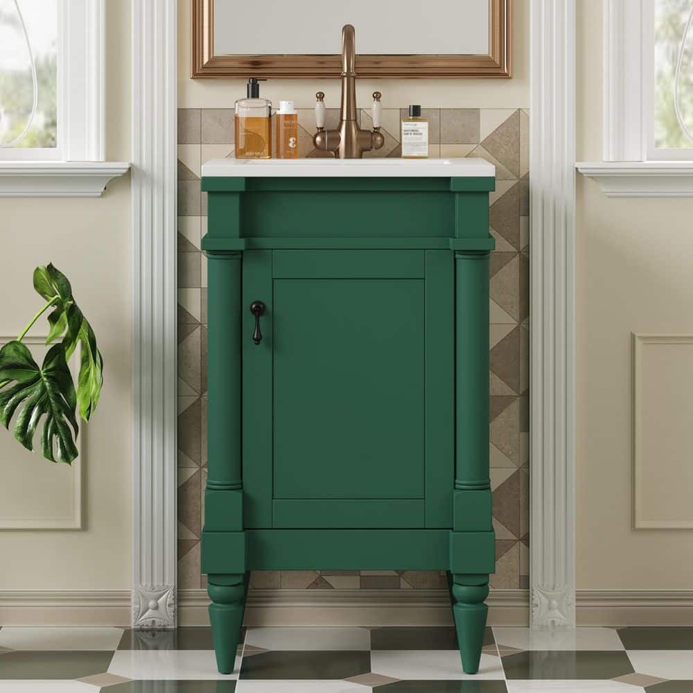 18 in. Single Sink Freestanding Green Bath Vanity with White Ceramic ...