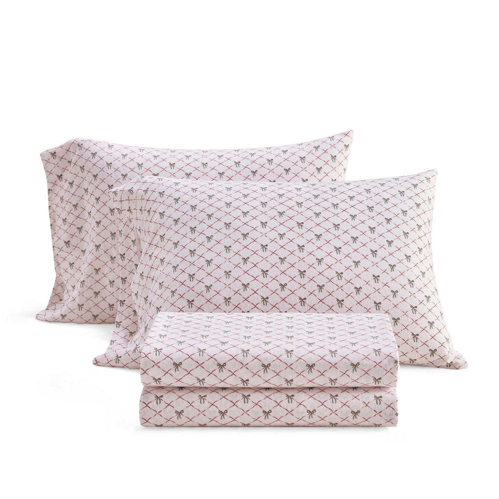 MARTHA STEWART Holiday Bows 4-Piece White/Red Flannel Cotton Queen ...