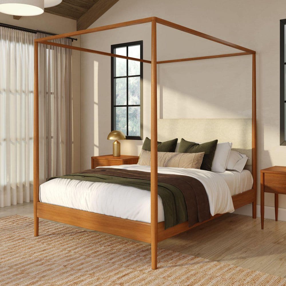 PLANK+BEAM Harbor Brown Wood Frame Full Canopy Bed with Upholstered ...