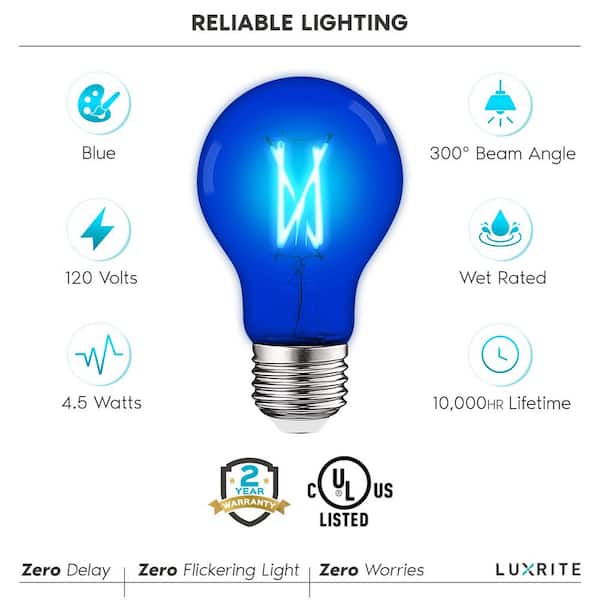 LUXRITE 60-Watt Equivalent A19 Edison LED Blue Light Bulb, 4.5W ...