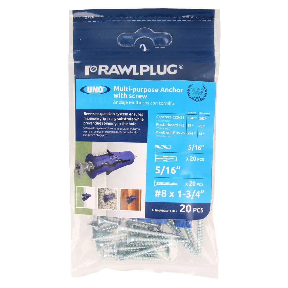 RAWLPLUG Uno Multi-Purpose Drywall Anchors 5/16 with Screws #9 x 1-3/4 20 lbs. (Pack of 20) R-S0 ...