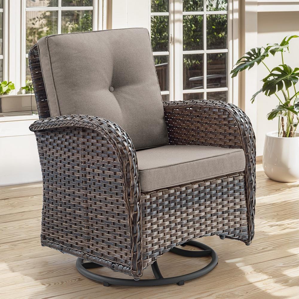 moosprr SleekArm Brown Swivel Wicker Outdoor Rocking Chair with Gray ...