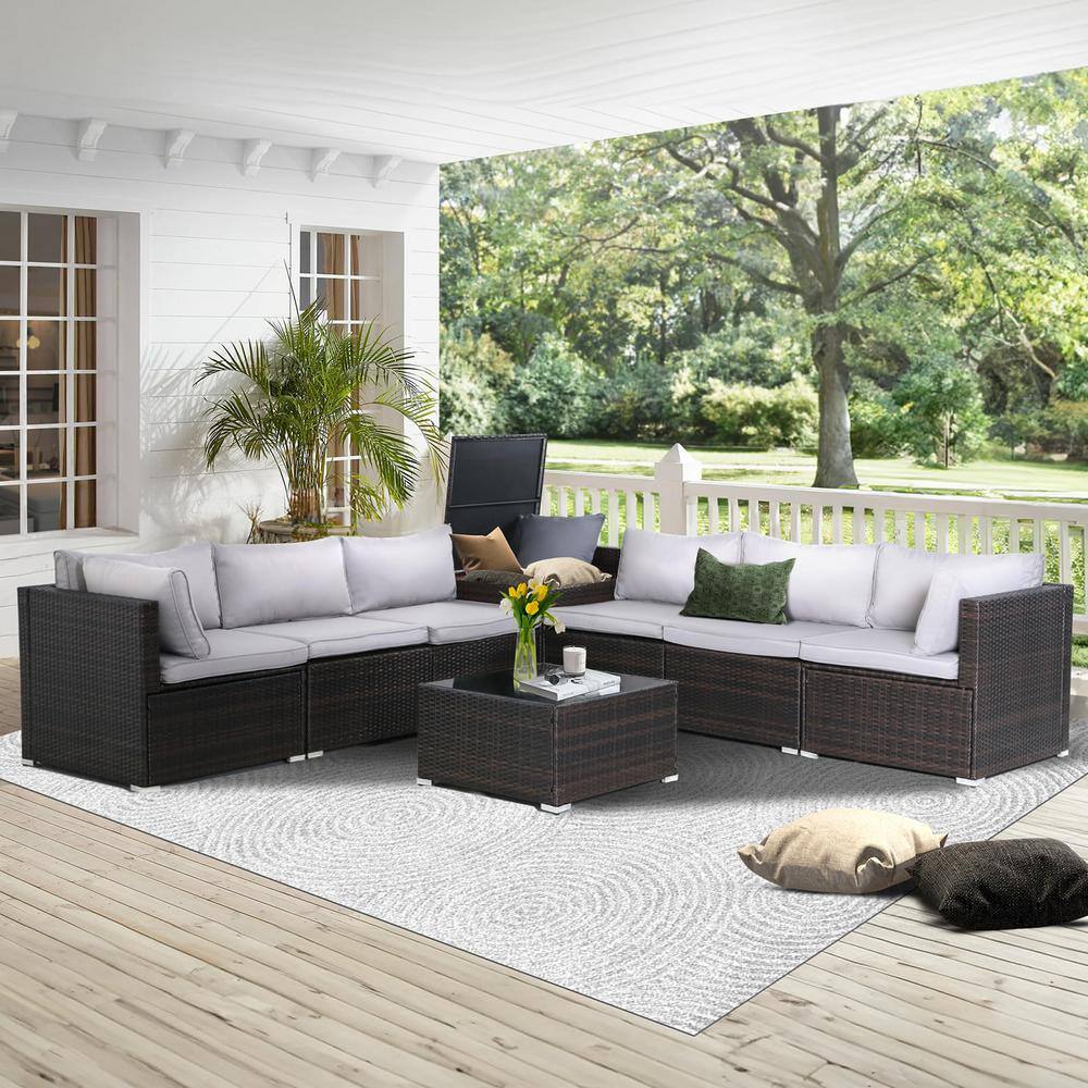Zeus & Ruta 8-Piece Modern Rattan Wicker Garden Outdoor Sectional Set ...
