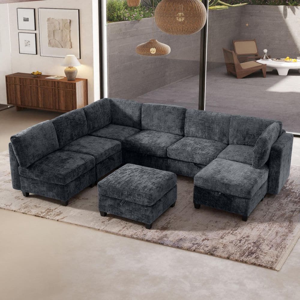 Noble House Claire 128 in. Square Arm 8-Piece Chenille Modular ...