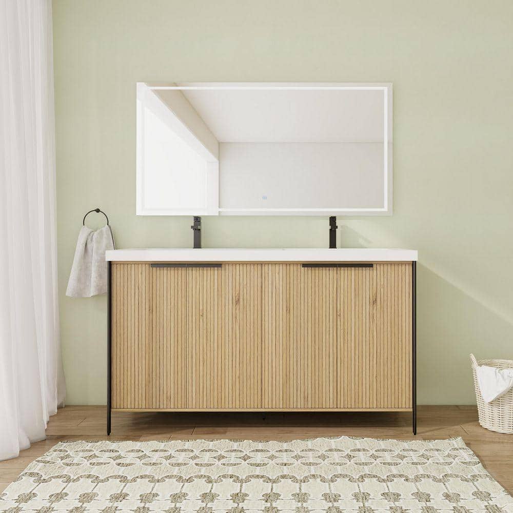 Malwee 60 in. Freestanding Double Beige Bath Vanity with White Resin ...