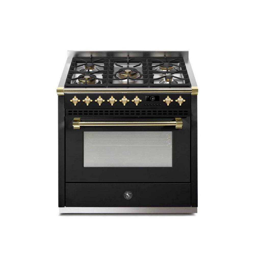 Hallman 36 in. Stella Italia 5 Burner Freestanding Dual Fuel Range in Glossy Black with Combi ...