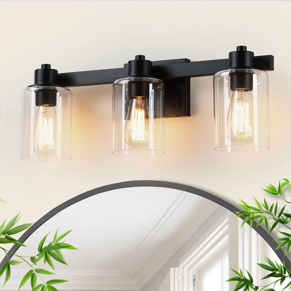 pasentel 23 in. 3 Light Matte Black Vanity Light with Clear Glass ...