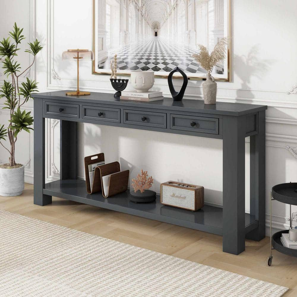 Polibi 63 in. Tan Rectangle Wood Console Table with Storage Drawers and ...