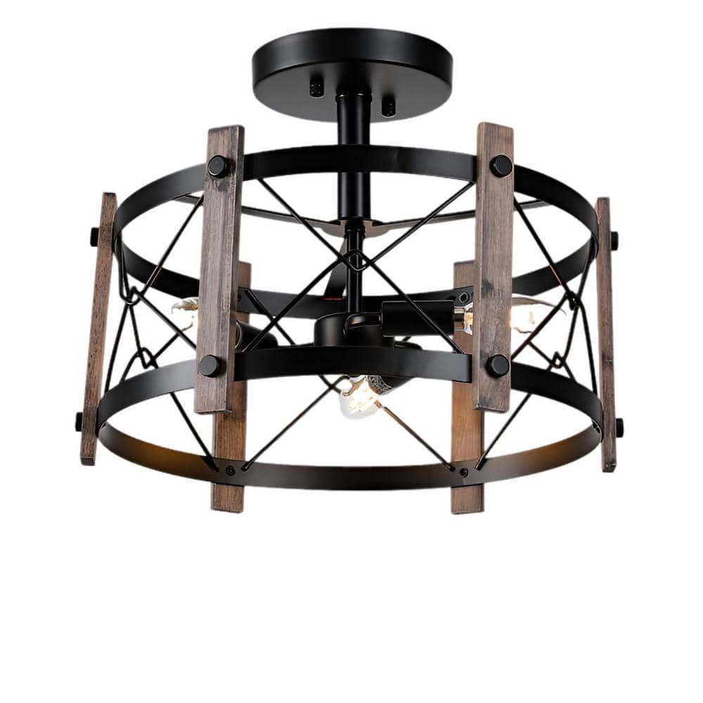 Decomus 14 in. 3-Light Black and Brown Semi-Flush Mount with Metal and ...