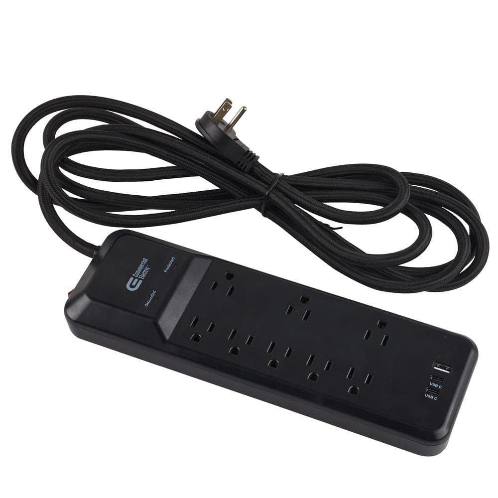 Commercial Electric 12 ft. 8-Outlet Surge Protector Braided Cord with 1 ...