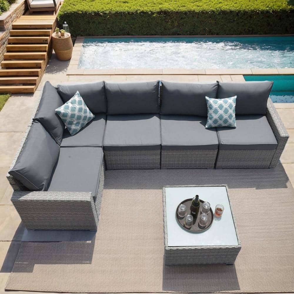Zeus & Ruta 6-Piece Wicker Patio Conversation Set with Gray Cushions ...