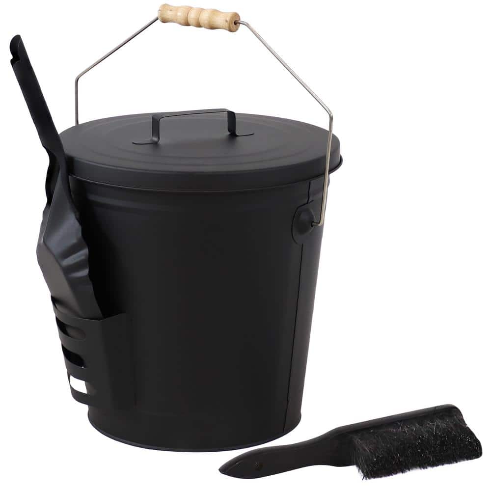 Sunnydaze Steel Fireplace Ash Bucket with Lid, Shovel and Brush GWC-500 ...