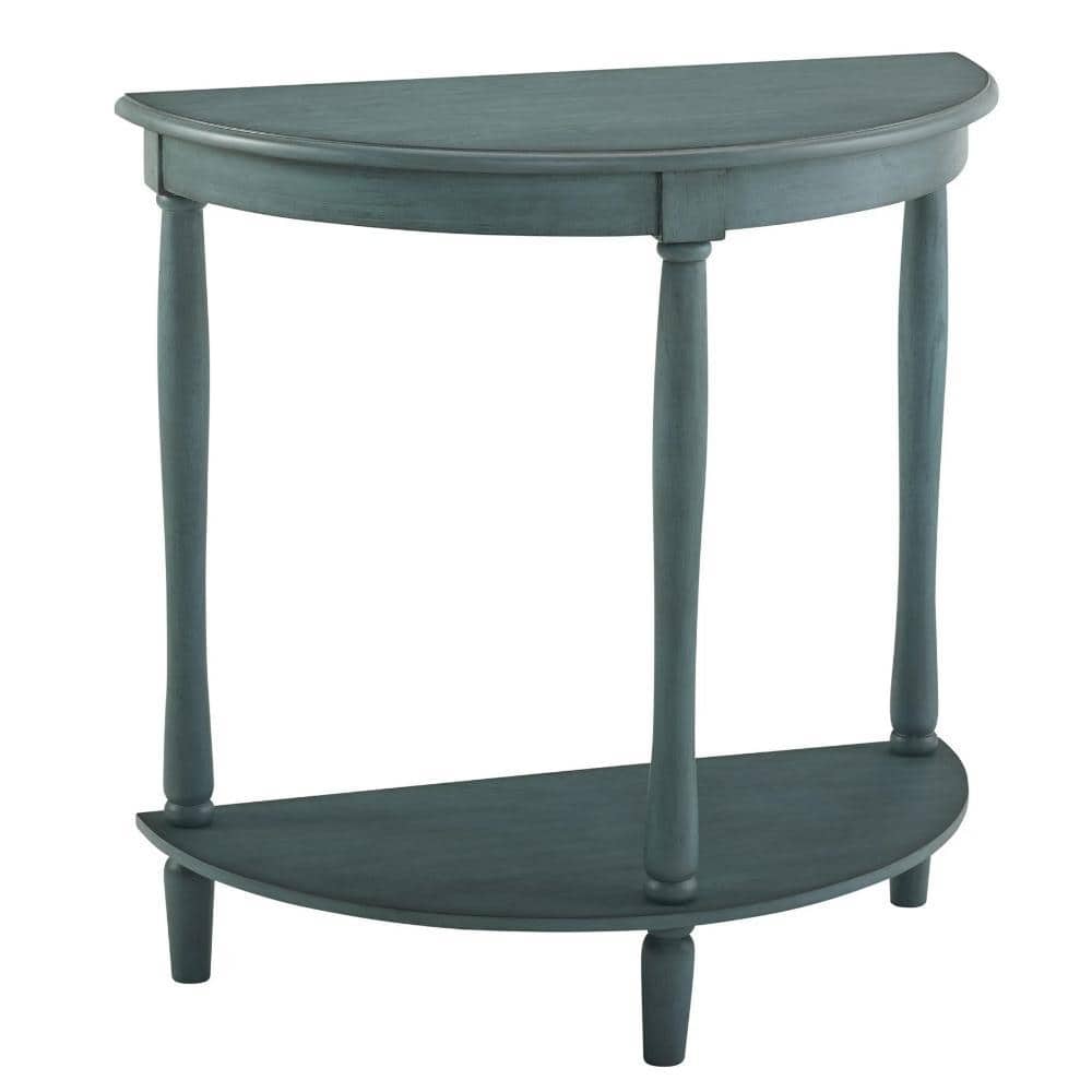 Benjara 28 in. Teal Semi Circle Wood End/Side Table with Wooden Frame ...