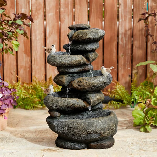 Glitzhome 23 in. H Outdoor Natural 5-Tiered Stacked Stone Polyresin ...
