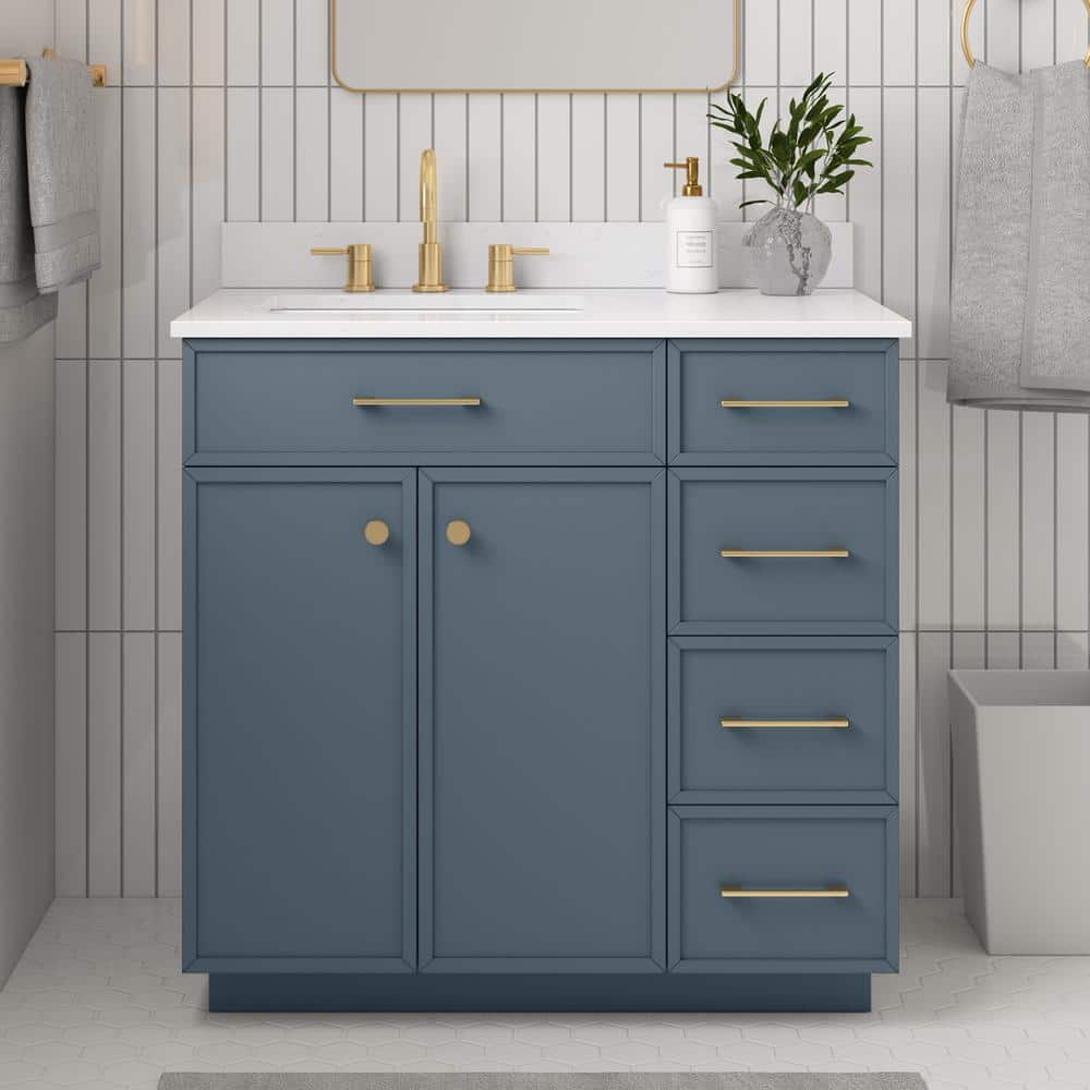 Reviews for Glacier Bay Marcote 36 in. Single Sink Freestanding Slate Blue Bath Vanity with ...