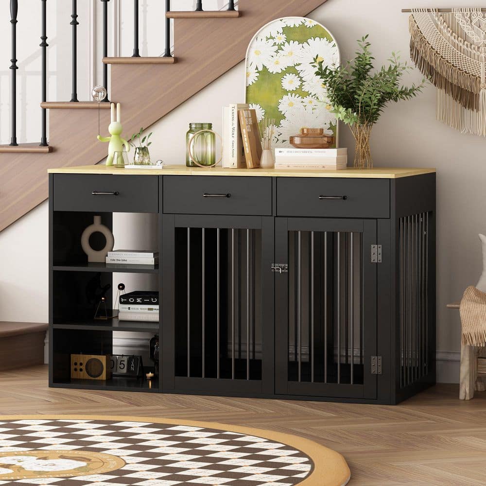 FUFU&GAGA Wooden Heavy-Duty Dog House Crate, Decorative Dog Kennel Furniture Dog Cage with 3 ...