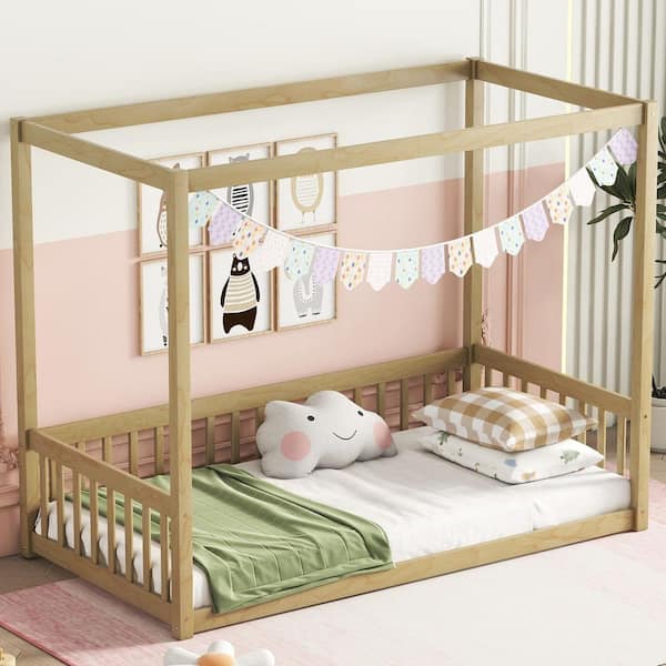 Noble House Hall Brown Wood Frame Twin Size Canopy Bed with Guardrails ...