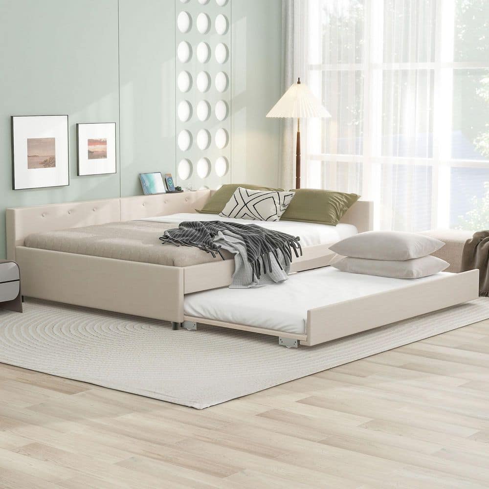 Nestfair Beige Queen Size Wood Upholstered Daybed with USB and Trundle ...