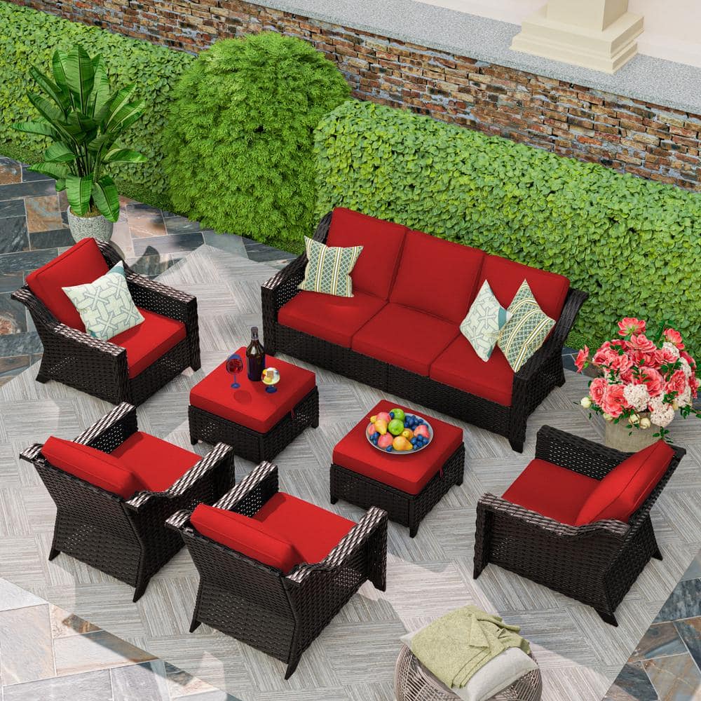 MeetLeisure Brown Wicker 7-Piece Rattan Wicker Patio Conversation Set ...