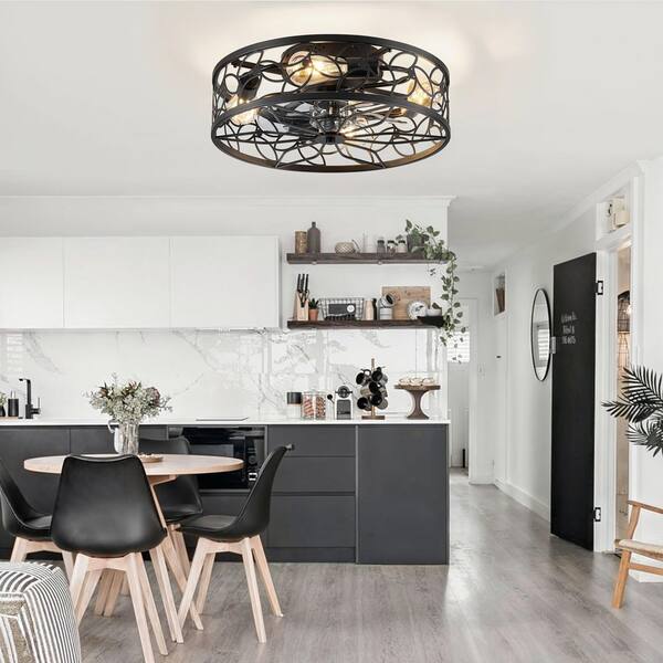 HINNIXY 18 in. Small Indoor Black Flush Mount Caged Ceiling Fan with ...