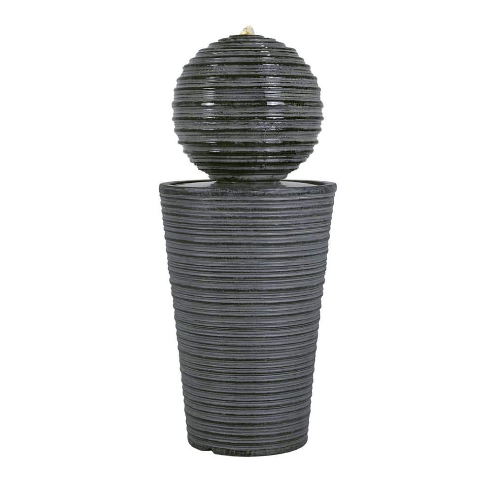 35. 5 in. H Gray Tall Striped Concrete Column Waterfall Fountain with ...