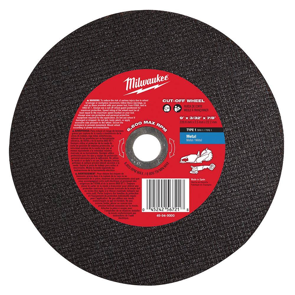 Milwaukee 9 in. x 3/32 in. x 7/8 in. Type 1 Metal Cut-Off Wheel 49-94 ...
