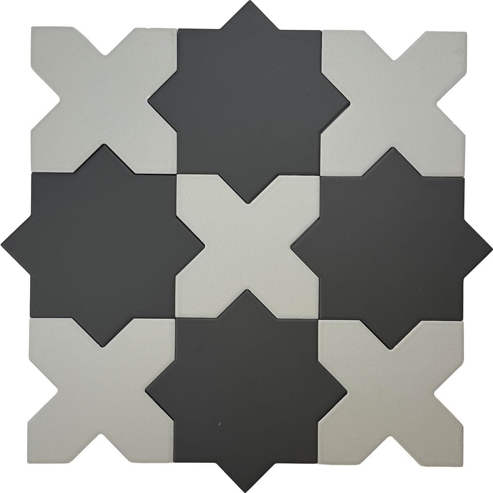 Apollo Tile Seville 7 in. x 12 in. Graphite Black Star Light Gray Cross ...
