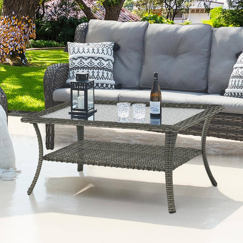Opohoro ArcoBay Gray Rectangular Wicker Outdoor Coffee Table with ...