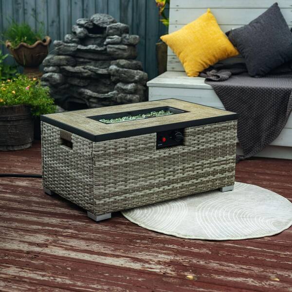 Beige Outdoor Wicker Propane Fire Pit Table Set with Tank Holder ...