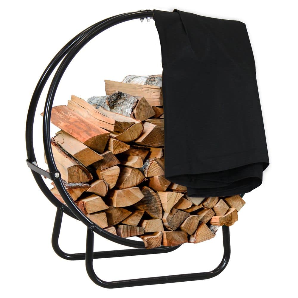 Sunnydaze 24 in. Black Steel Firewood Log Hoop Rack with Black Cover QX ...