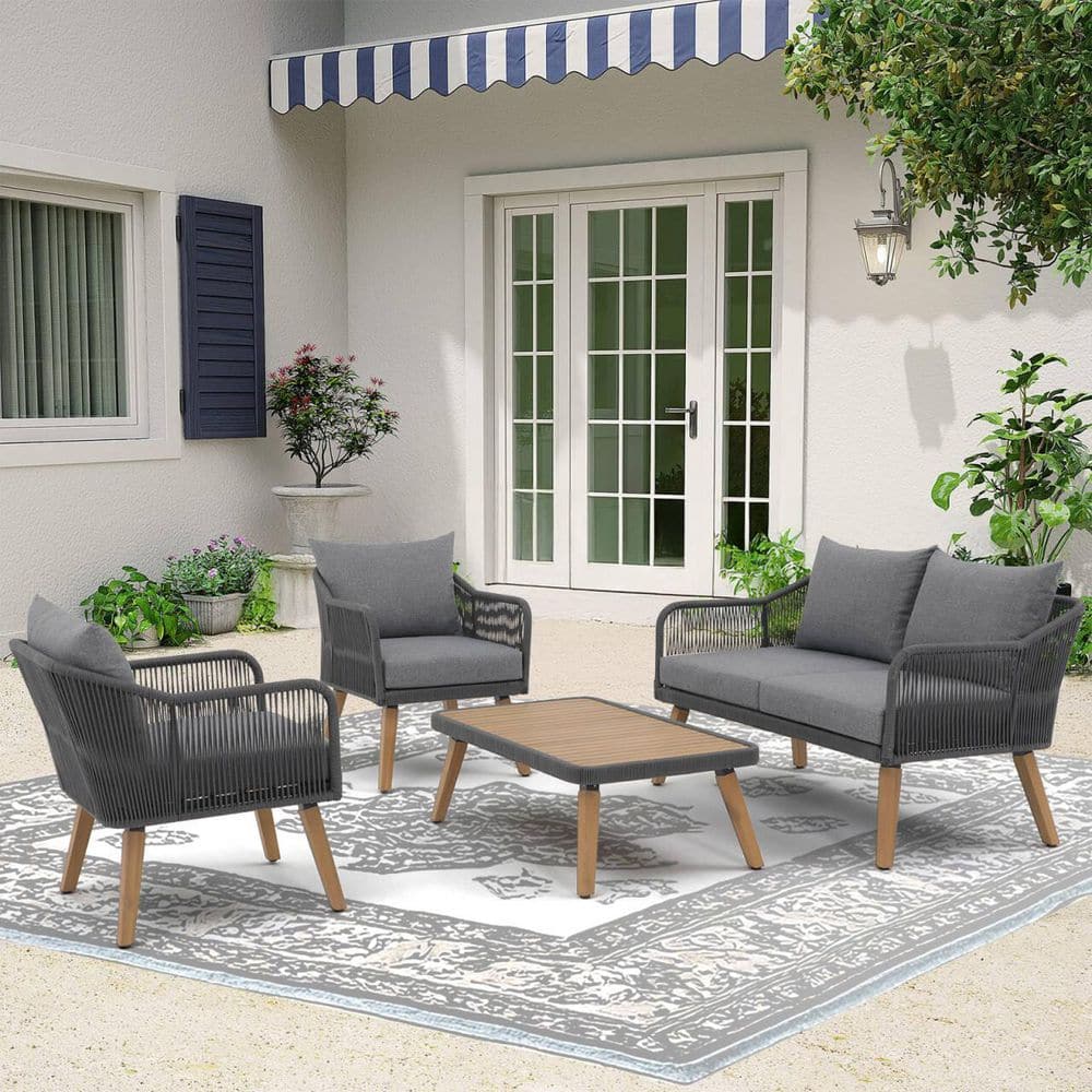Freestyle 4 Piece Grey Woven Rope Outdoor Conversation Set with Wood ...