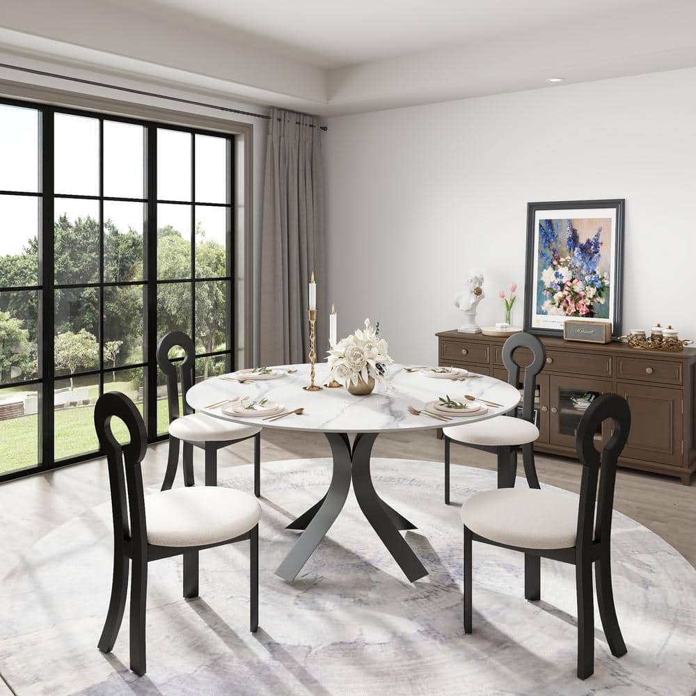 Magic Home 59.05 in. White Sintered Stone Tabletop with Black Pedestal ...